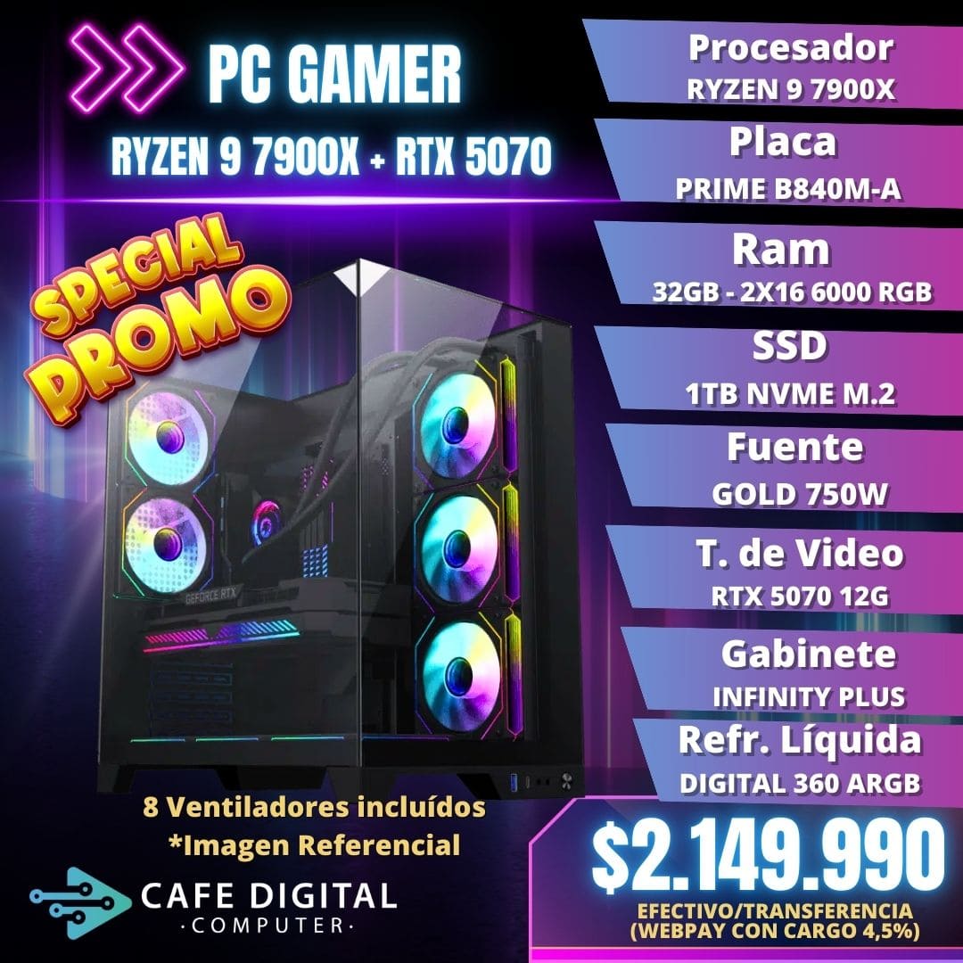 Pc Gamer – Ryzen 9 7900X / RTX 5070 / 32GB / 1TB – INFINITY | Cafe digital
