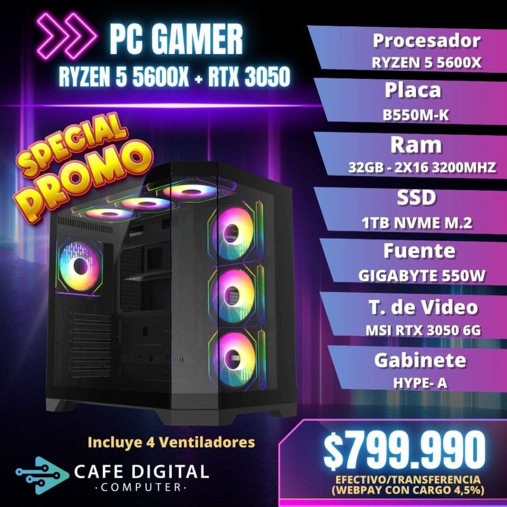 PC GAMER – RYZEN 5 5600X / RTX 3050 / 32GB / 1TB – HYPE | Cafe digital