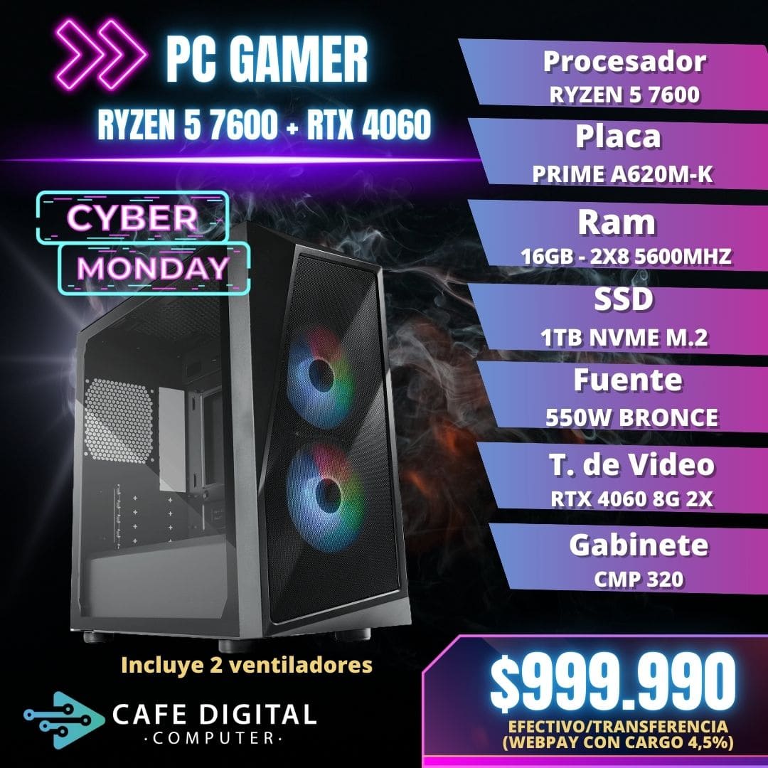 PC GAMER – Ryzen 5 7600 / RTX 4060 / 16GB / 1TB - COOLER MASTER | Cafe ...