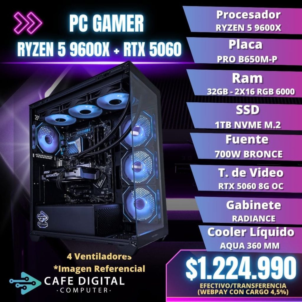 PC GAMER – RYZEN 5 9600X / RTX 5060 / 32GB DDR5 / 1TB NVME – RADIANCE | Cafe digital
