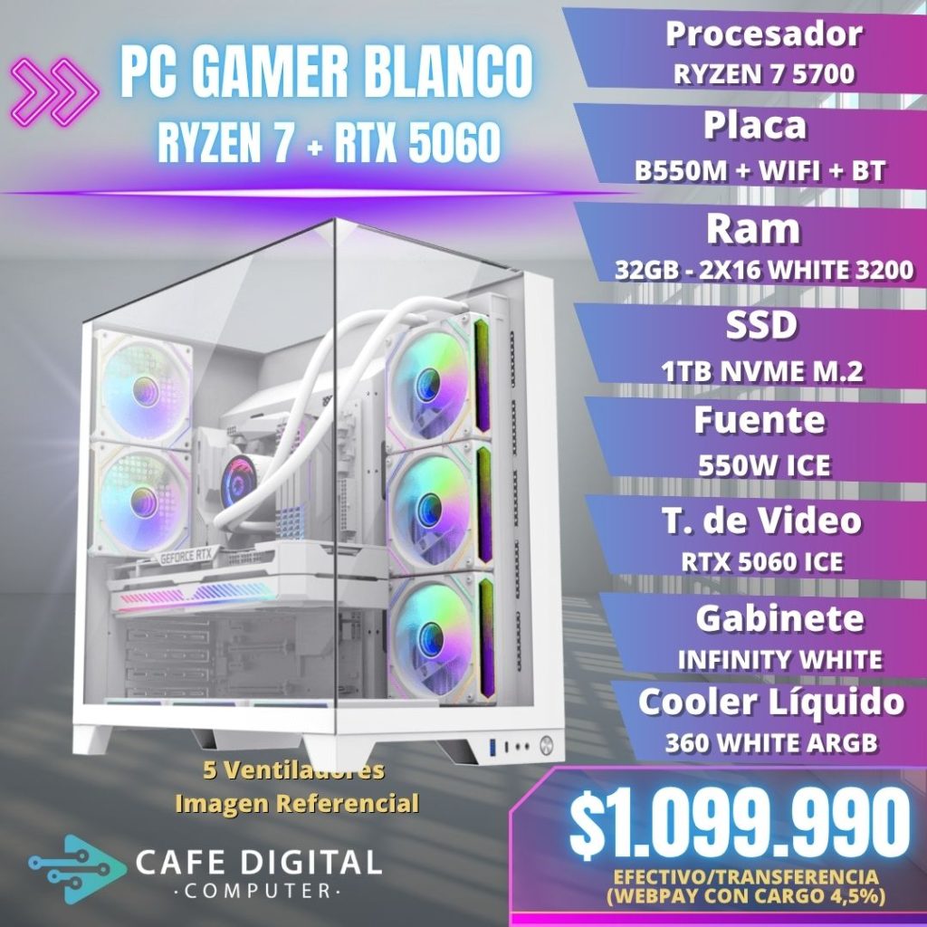 PC GAMER BLANCO – RYZEN 7 5700 / RTX 5060 / 32GB / 1TB NVME – INFINITY ...